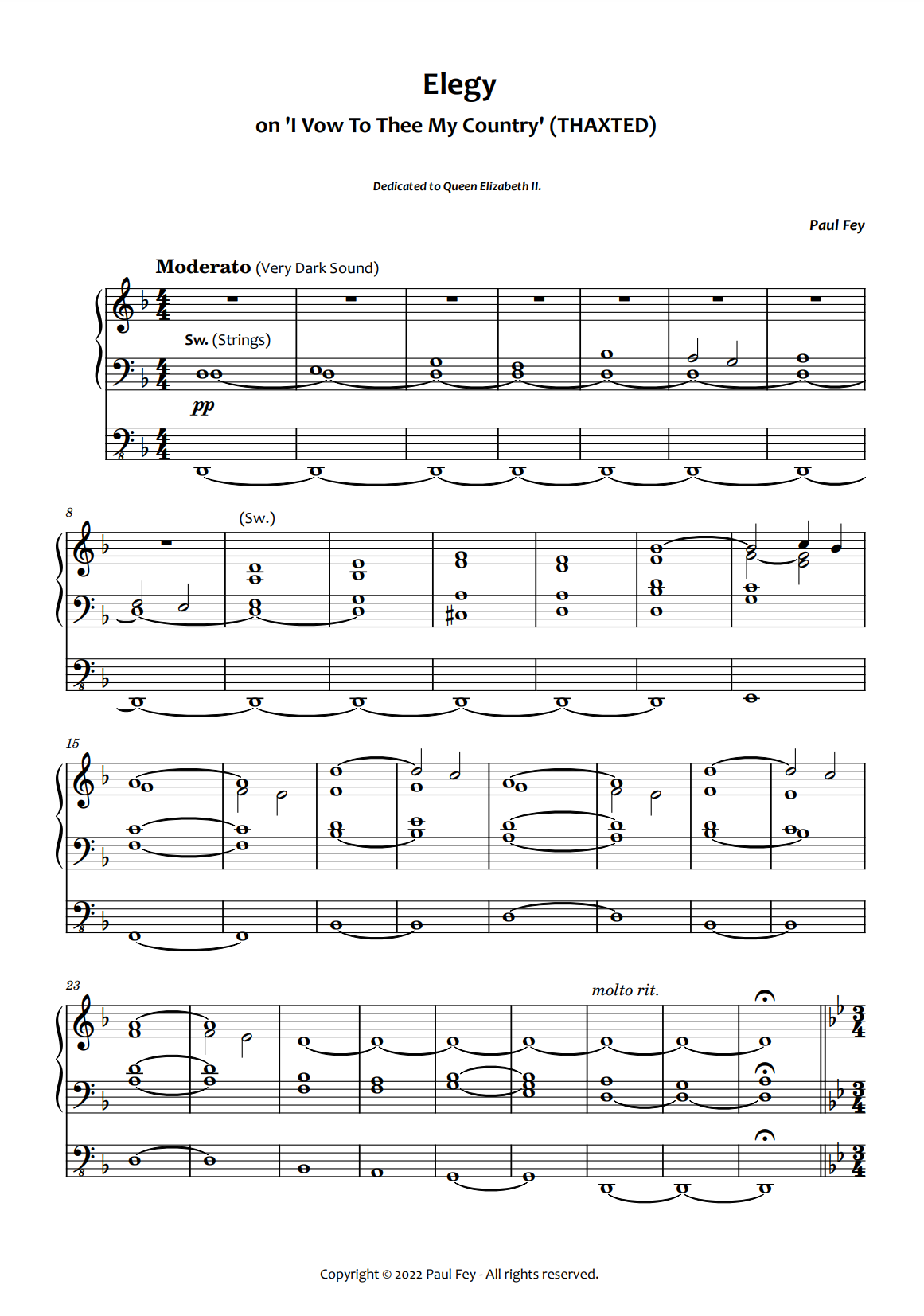 Elegy on "I Vow to Thee, My Country" (Sheet Music) | Paul Fey Organist ...